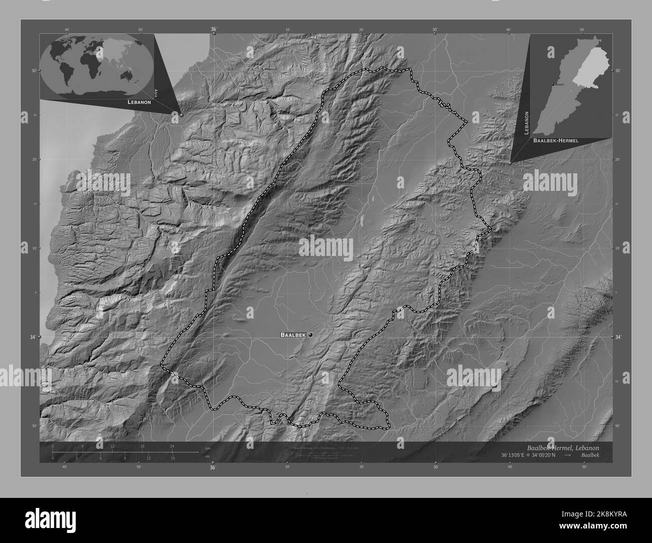 Baalbek-Hermel, gouvernorat du Liban. Carte d'altitude à deux niveaux ...