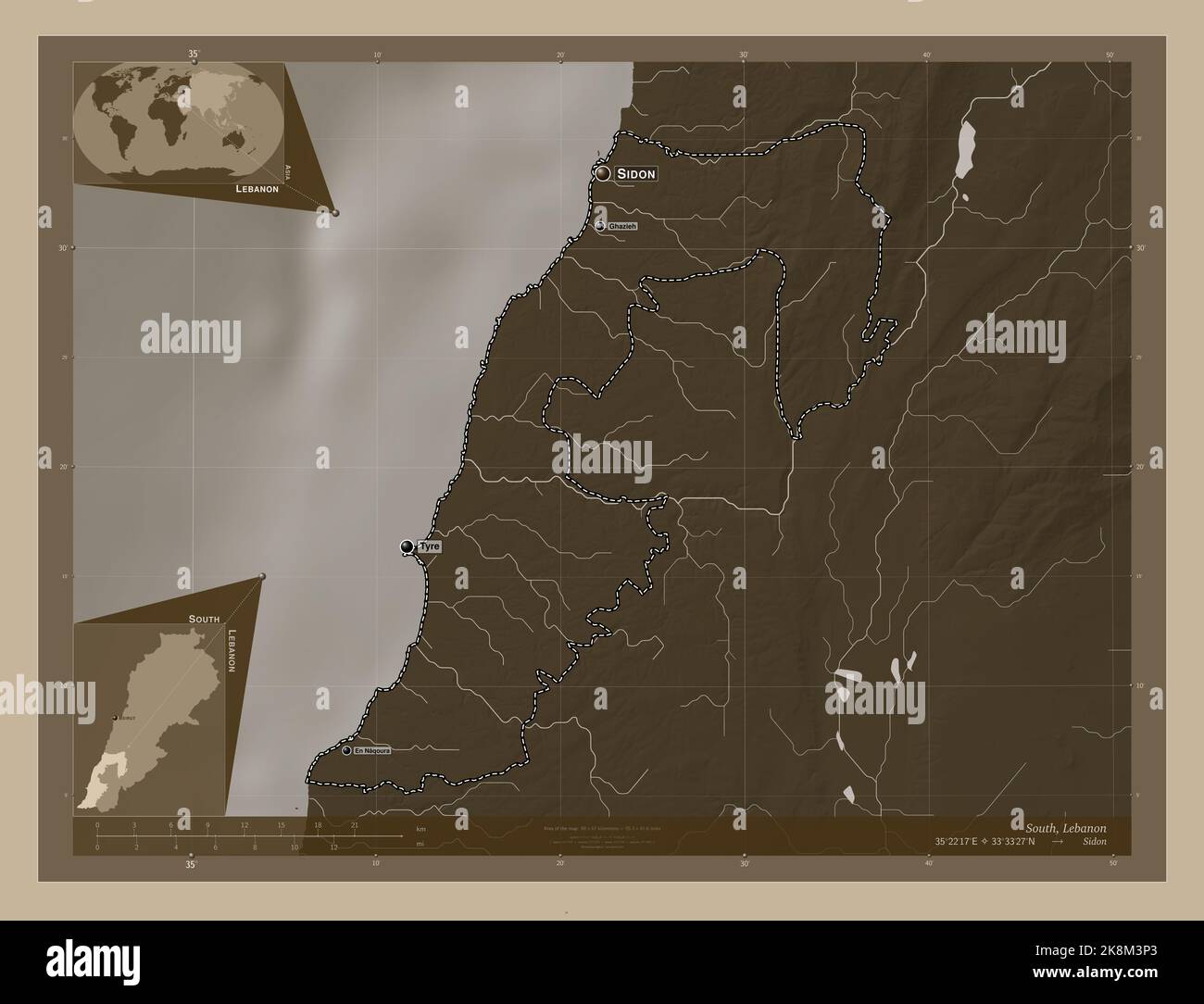 Sud, gouvernorat du Liban. Carte d'altitude colorée en tons sépia avec ...
