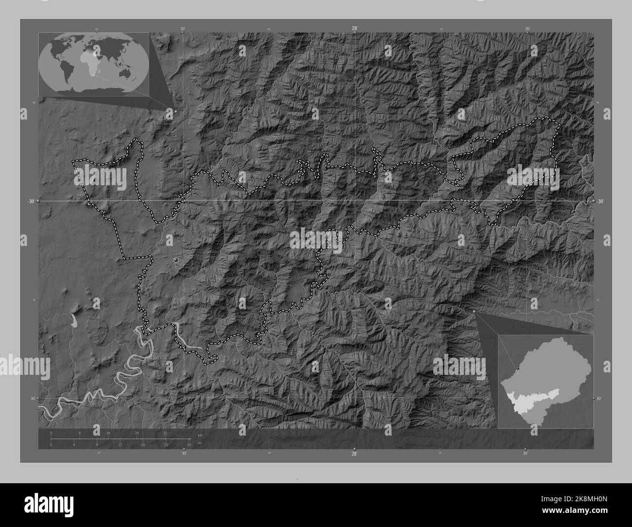 Mohale's Hoek, district du Lesotho. Carte d'altitude en niveaux de gris ...