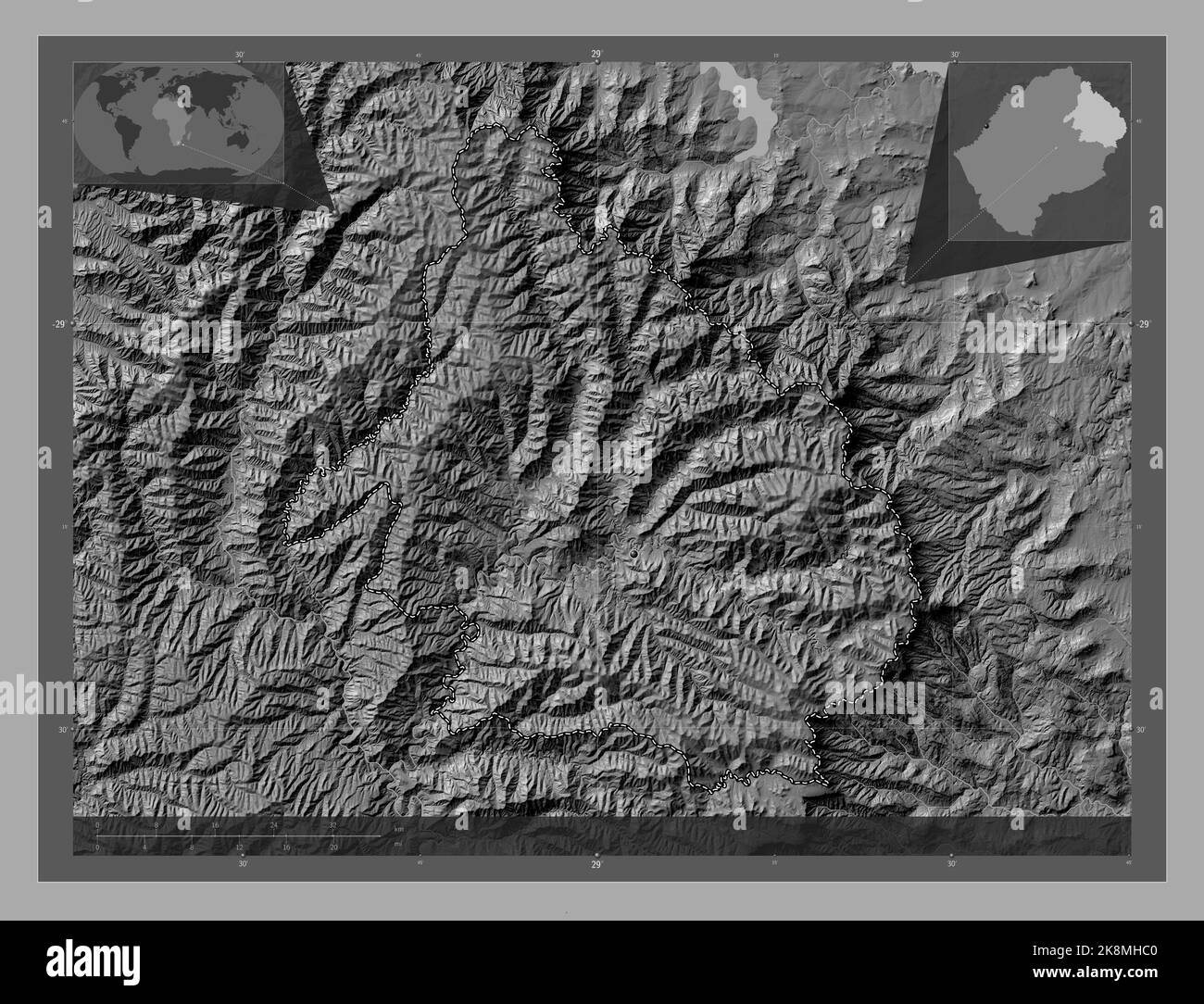 Mokhotlong, district du Lesotho. Carte d'altitude à deux niveaux avec ...