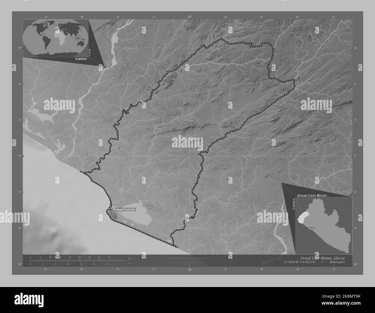 Grand Cape Mount, comté du Libéria. Carte d'altitude en niveaux de gris ...