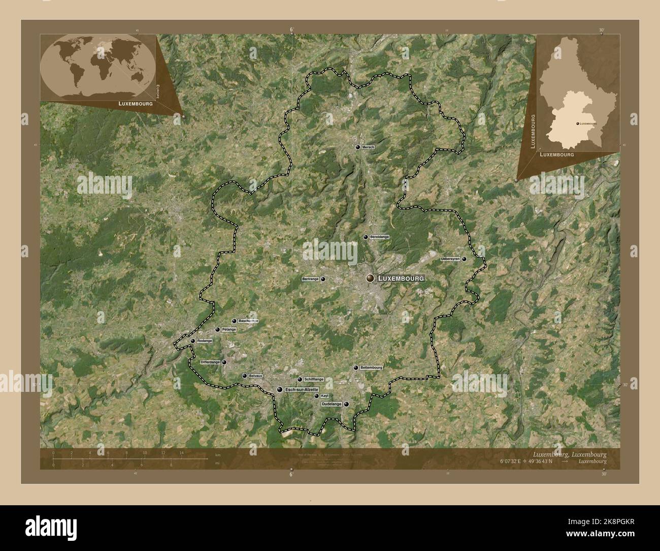 Luxembourg, district de Luxembourg. Carte satellite basse résolution. Lieux et noms des ...