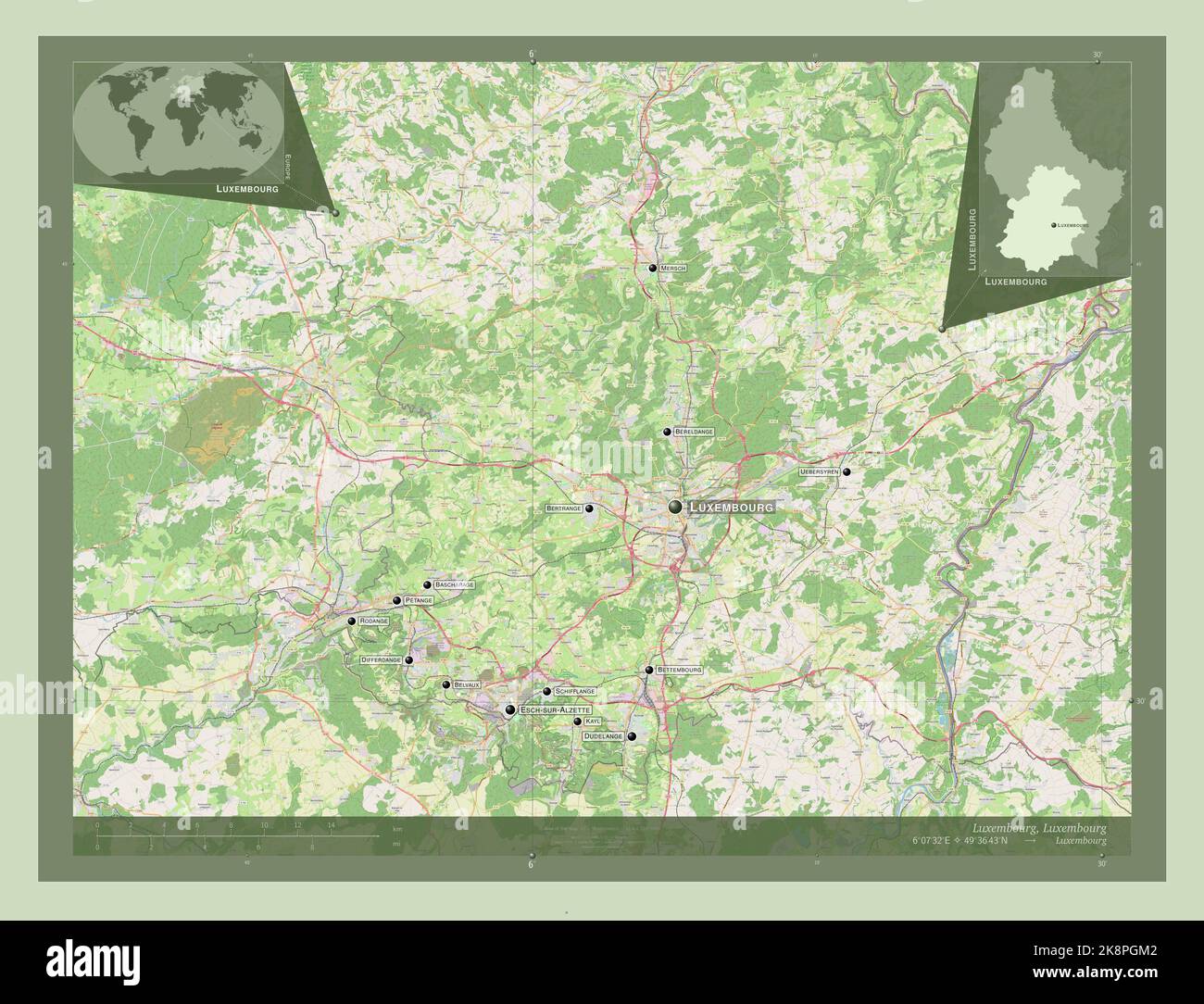 Luxembourg, district de Luxembourg. Ouvrez la carte des rues. Lieux et noms des principales ...