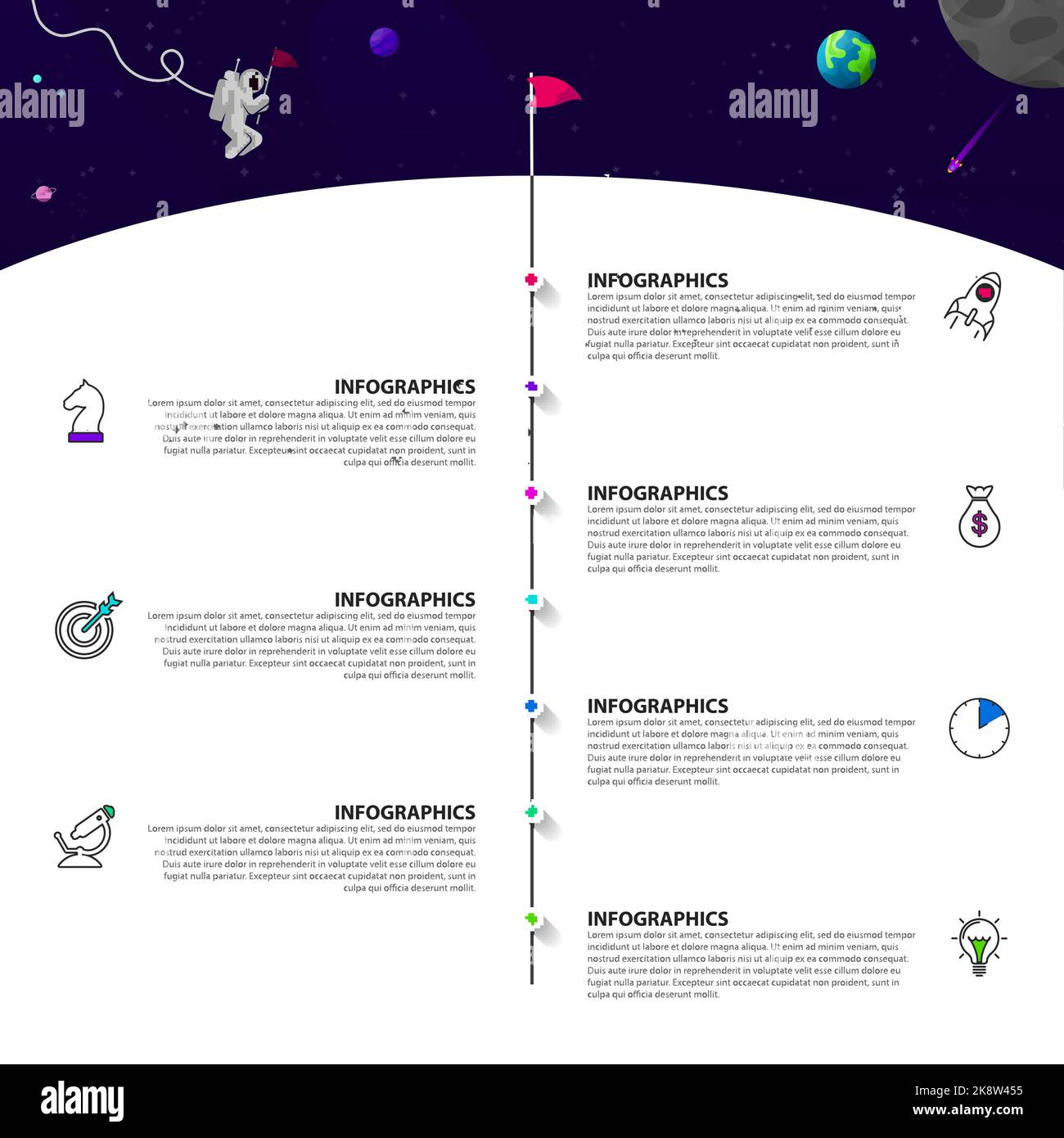 Modèle de conception graphique. Concept créatif en 7 étapes. Peut être utilisé pour la mise en ...