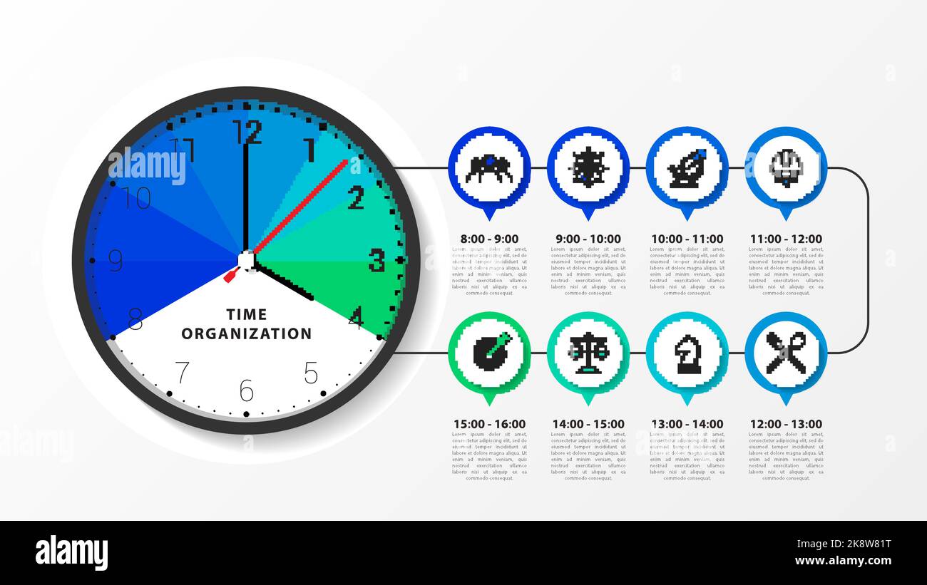 Modèle de conception graphique. Organisation du temps avec 8 étapes ...