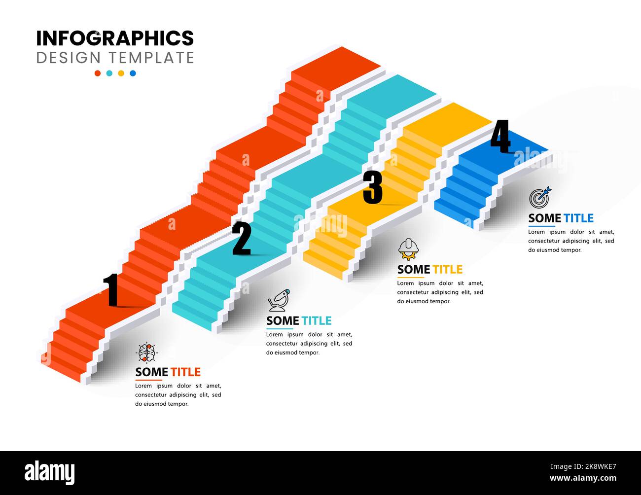 Modèle d'infographie avec icônes et 4 options ou étapes. Escalier. Peut ...