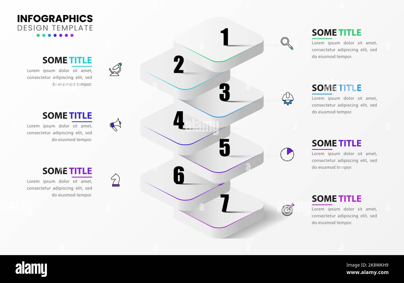 Modèle d'infographie avec icônes et 7 options ou étapes. Escalier. Peut ...