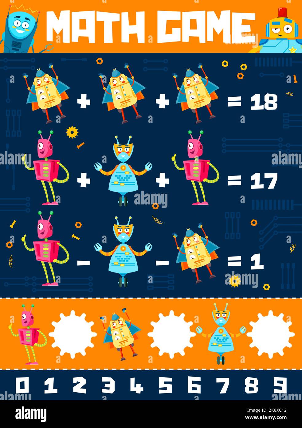 Feuille de calcul de jeu de maths de robots de dessin animé et de ...