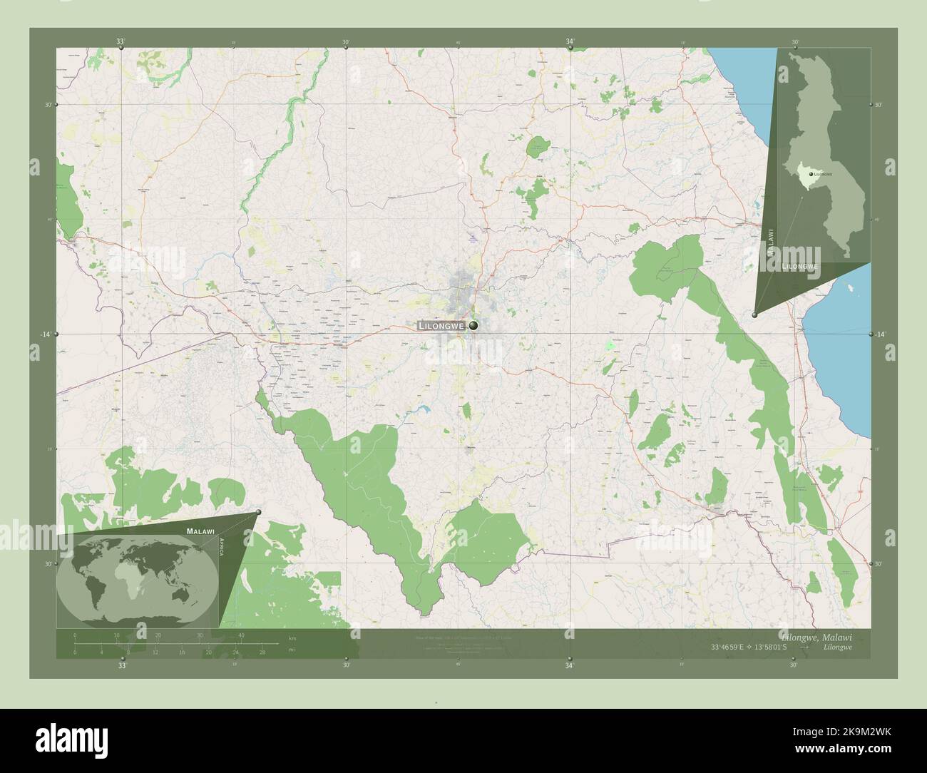Lilongwe, district du Malawi. Ouvrez la carte des rues. Lieux et noms ...