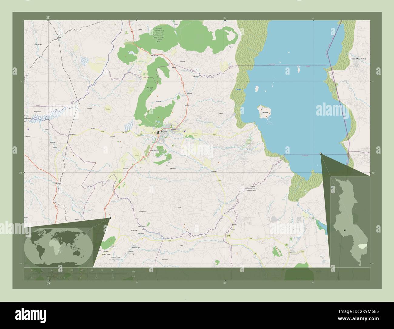 Zomba, district du Malawi. Ouvrez la carte des rues. Lieux des ...