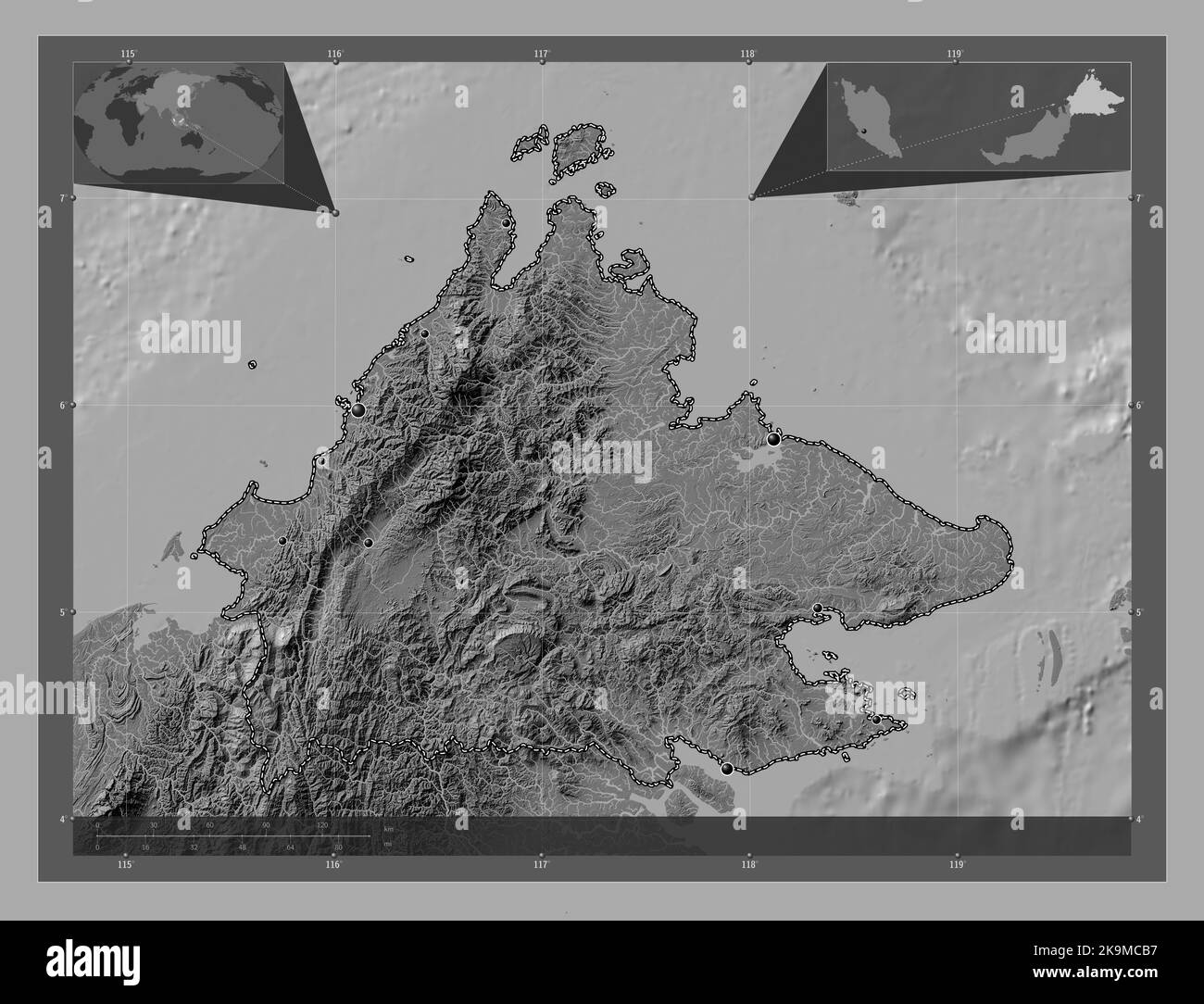 Sabah, État de Malaisie. Carte d'altitude à deux niveaux avec lacs et ...