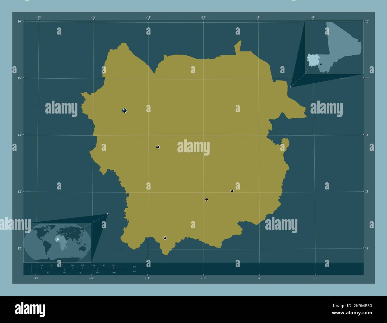 Kayes, région du Mali. Forme de couleur unie. Lieux des principales ...