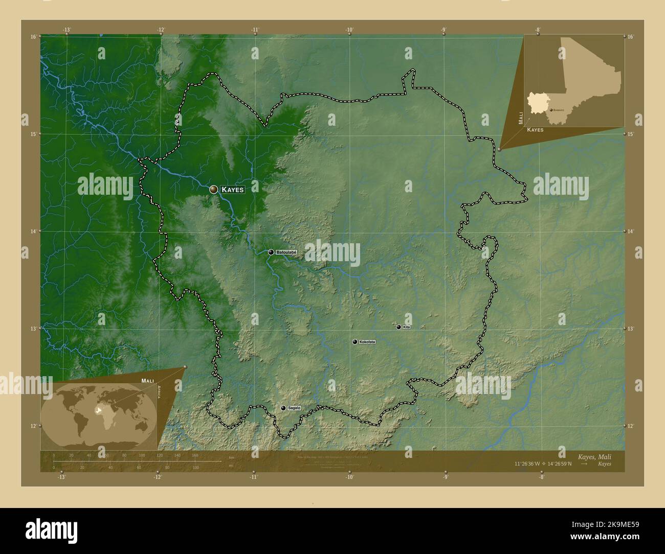 Kayes, région du Mali. Carte d'altitude en couleur avec lacs et ...