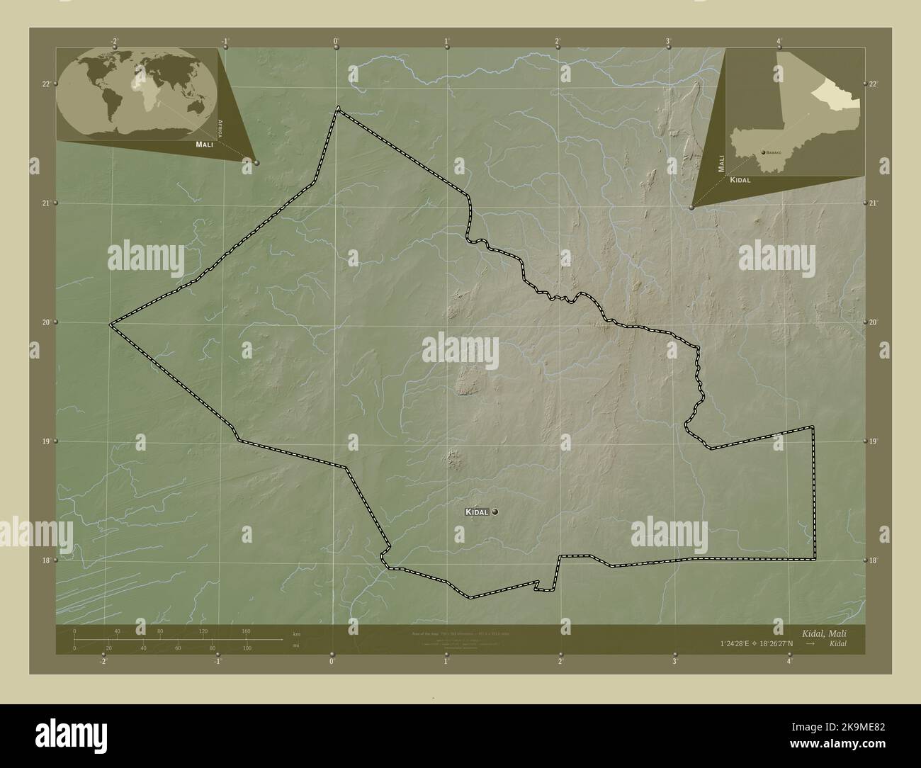 Kidal, région du Mali. Carte d'altitude colorée en style wiki avec lacs ...