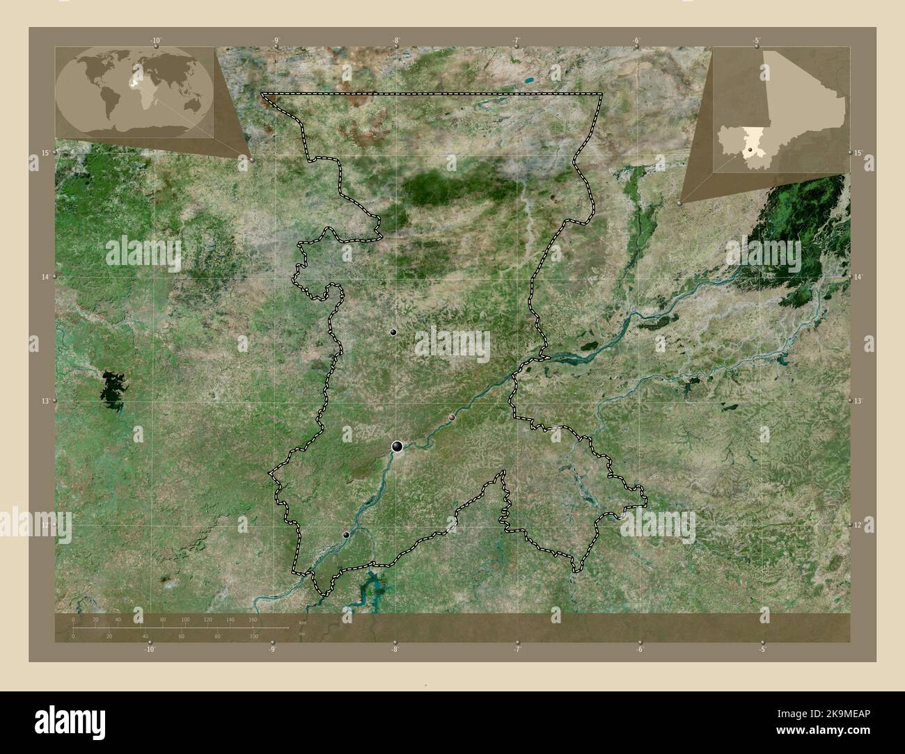 Koulikoro, région du Mali. Carte satellite haute résolution. Lieux des principales villes de la ...
