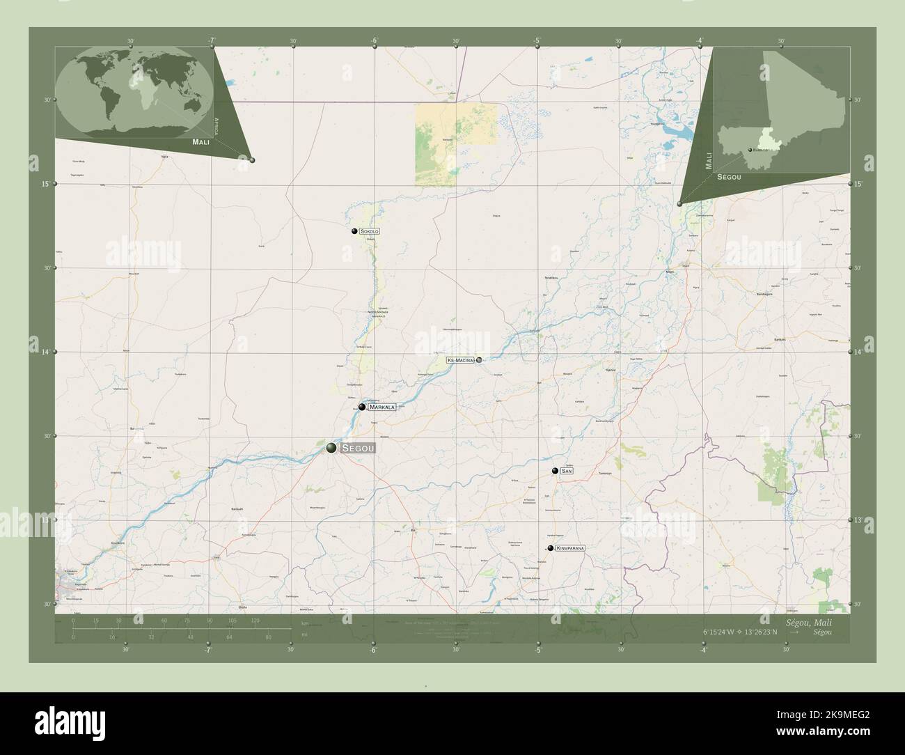 Ségou, région du Mali. Ouvrez la carte des rues. Lieux et noms des ...