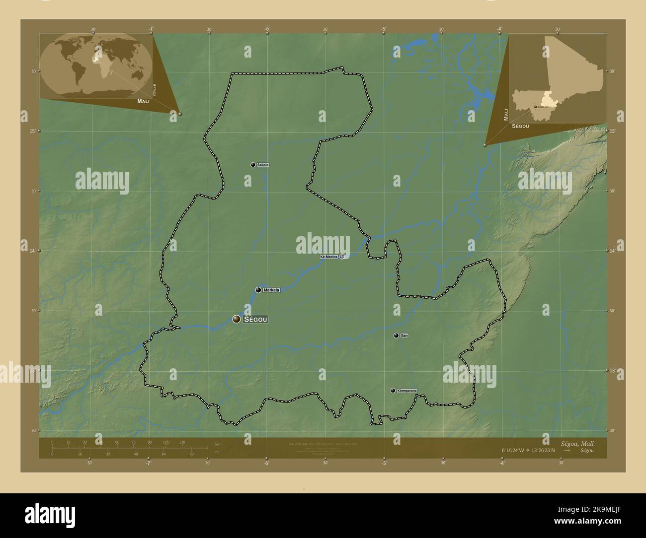 Ségou, région du Mali. Carte d'altitude en couleur avec lacs et ...