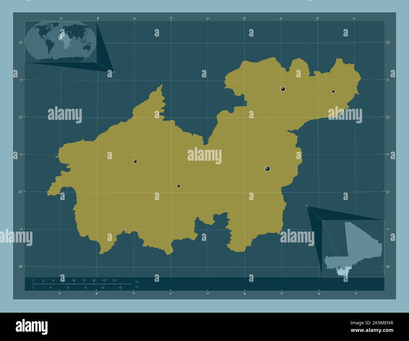 Sikasso, région du Mali. Forme de couleur unie. Lieux des principales ...