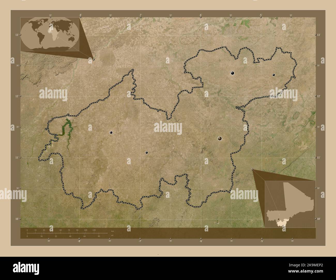 Sikasso, région du Mali. Carte satellite basse résolution. Lieux des ...