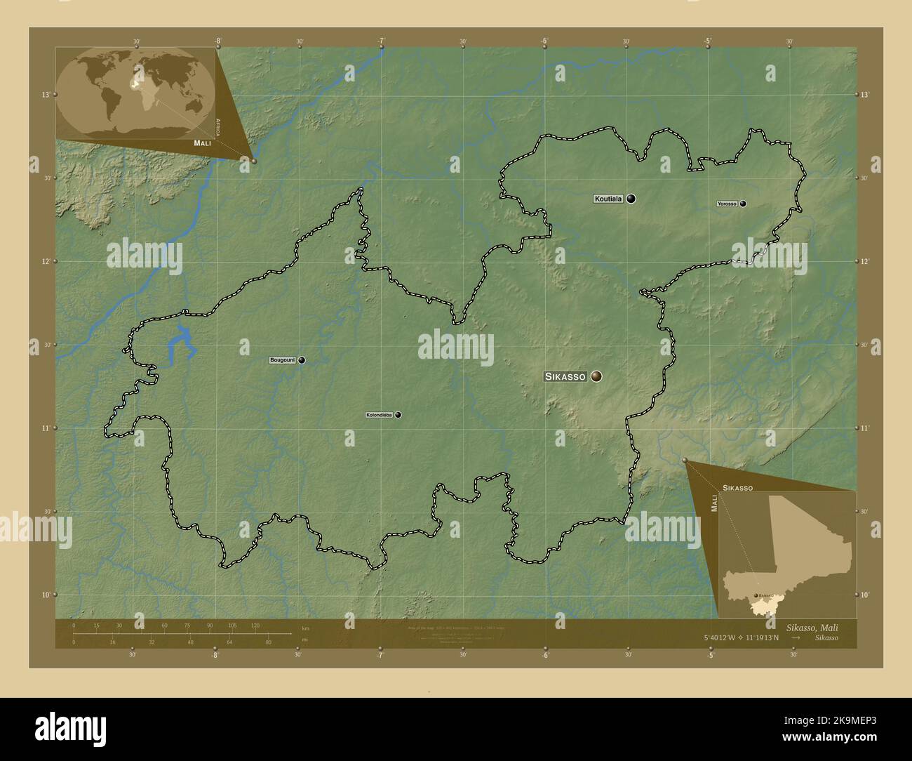 Sikasso, région du Mali. Carte d'altitude en couleur avec lacs et ...