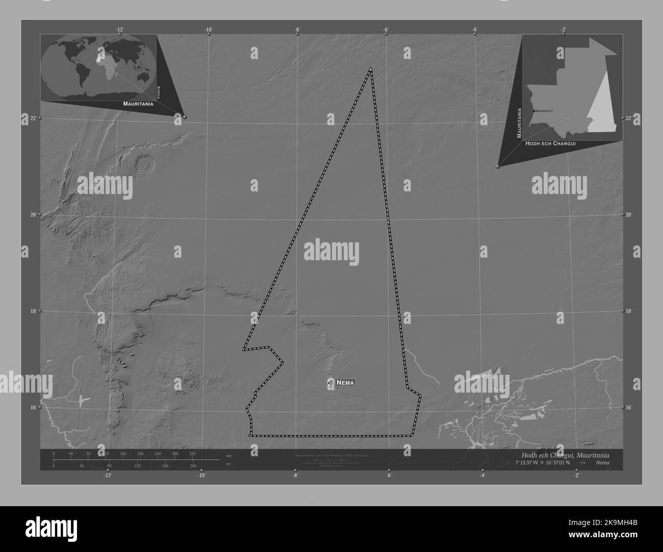 Hodh ech Chargui, région de Mauritanie. Carte d'altitude à deux niveaux ...