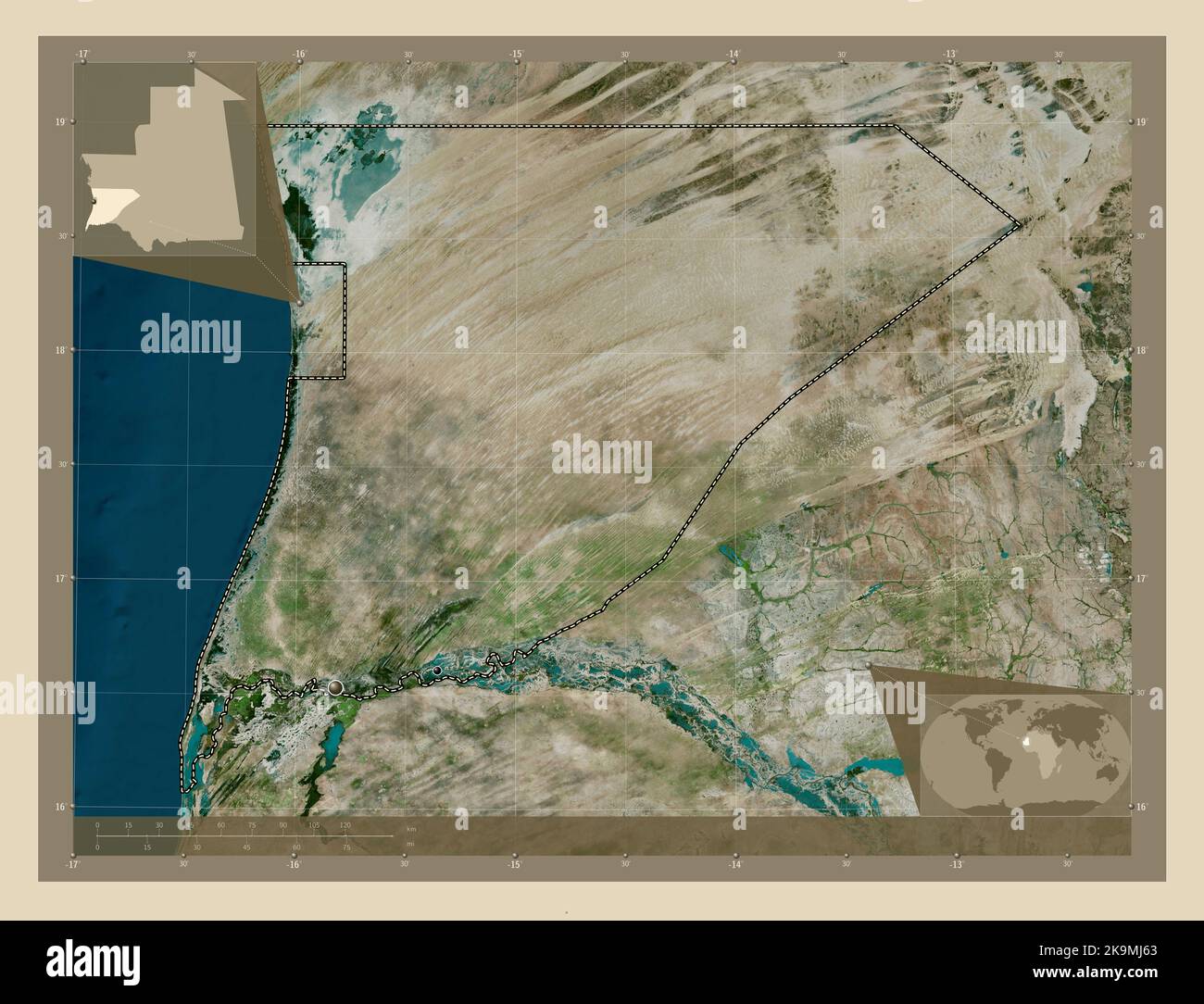 Trarza, région de Mauritanie. Carte satellite haute résolution. Lieux ...