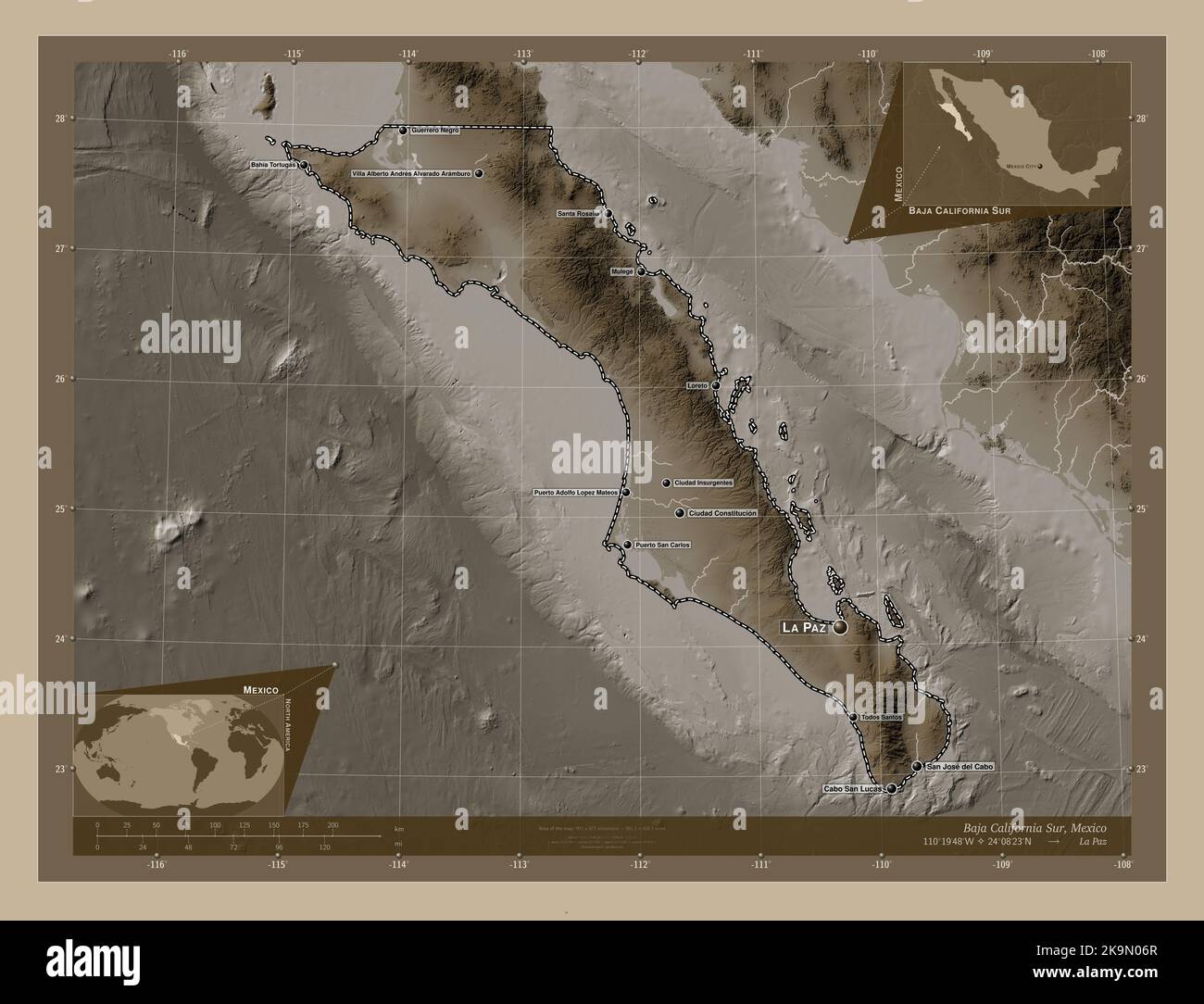Baja California sur, État du Mexique. Carte d'altitude colorée en tons ...