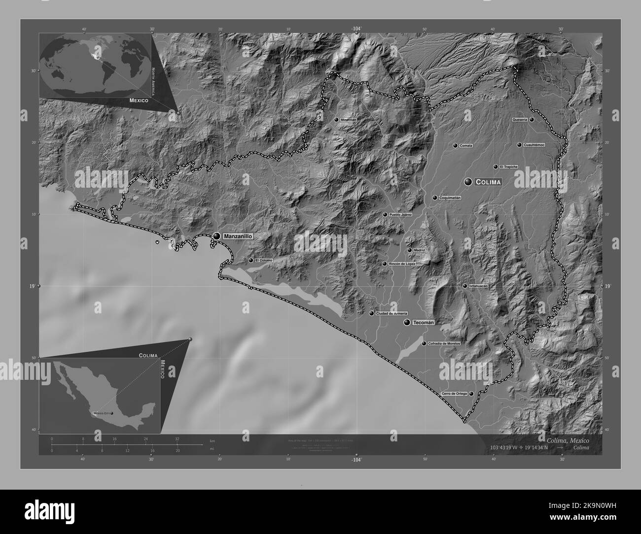 Colima, État du Mexique. Carte d'altitude à deux niveaux avec lacs et ...