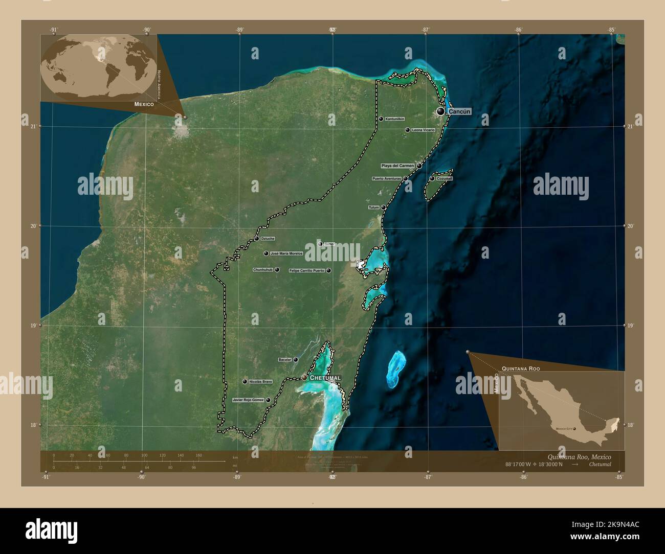 Quintana Roo, État du Mexique. Carte satellite basse résolution. Lieux ...