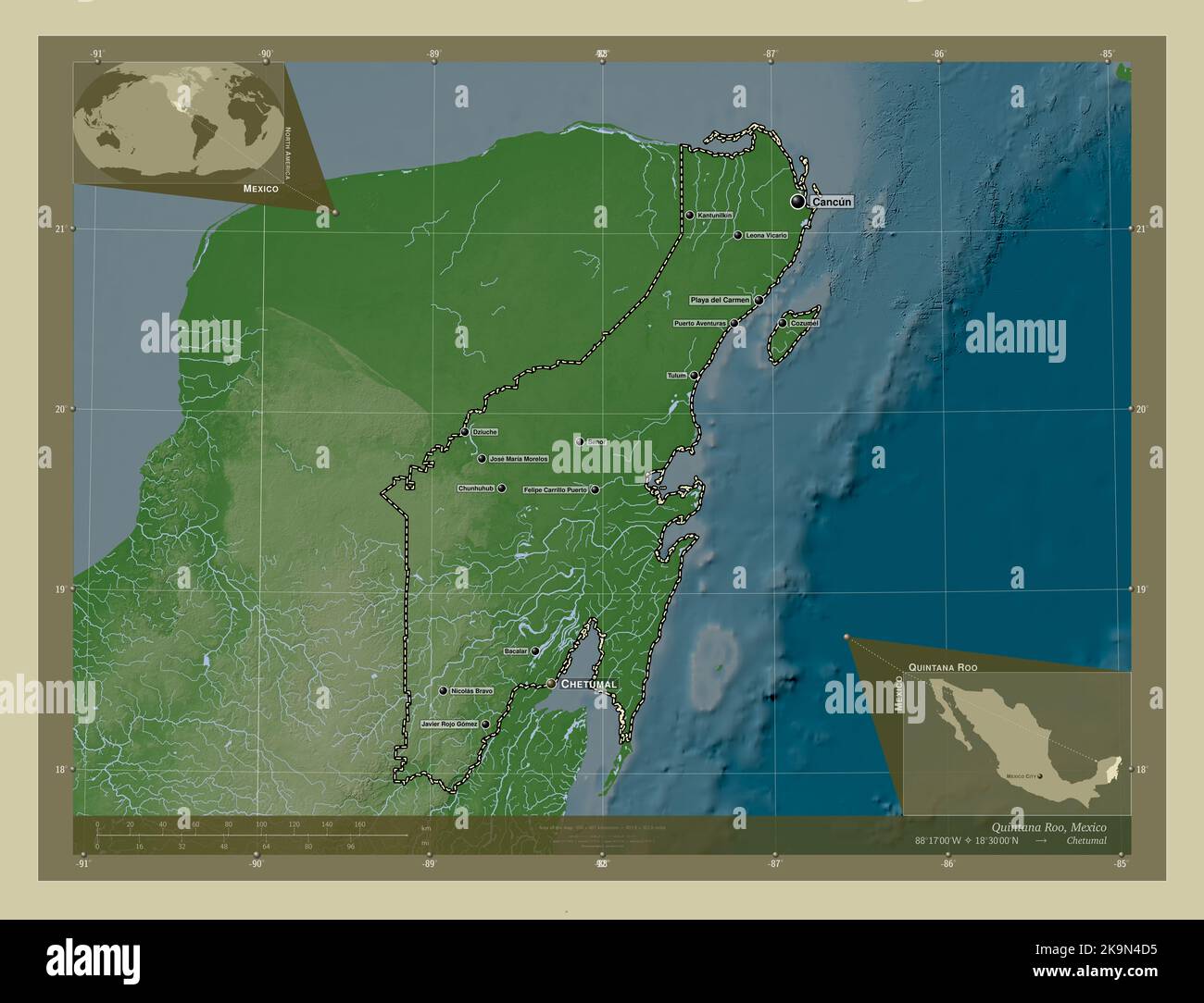 Quintana Roo, État du Mexique. Carte d'altitude colorée en style wiki ...