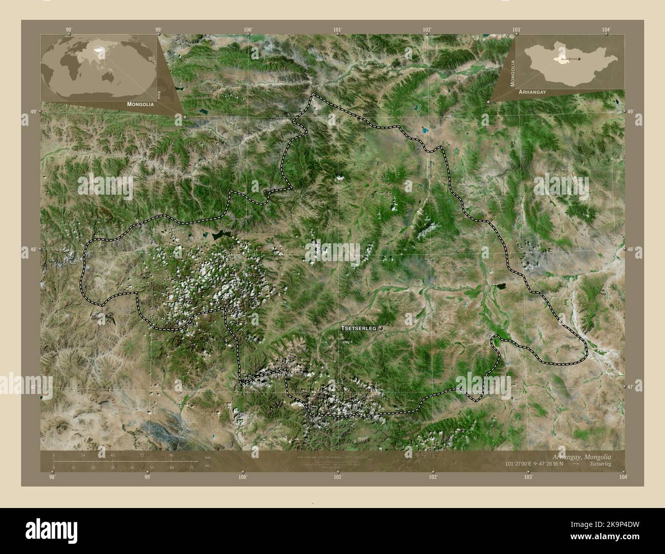 Arhangay, province de Mongolie. Carte satellite haute résolution. Lieux ...