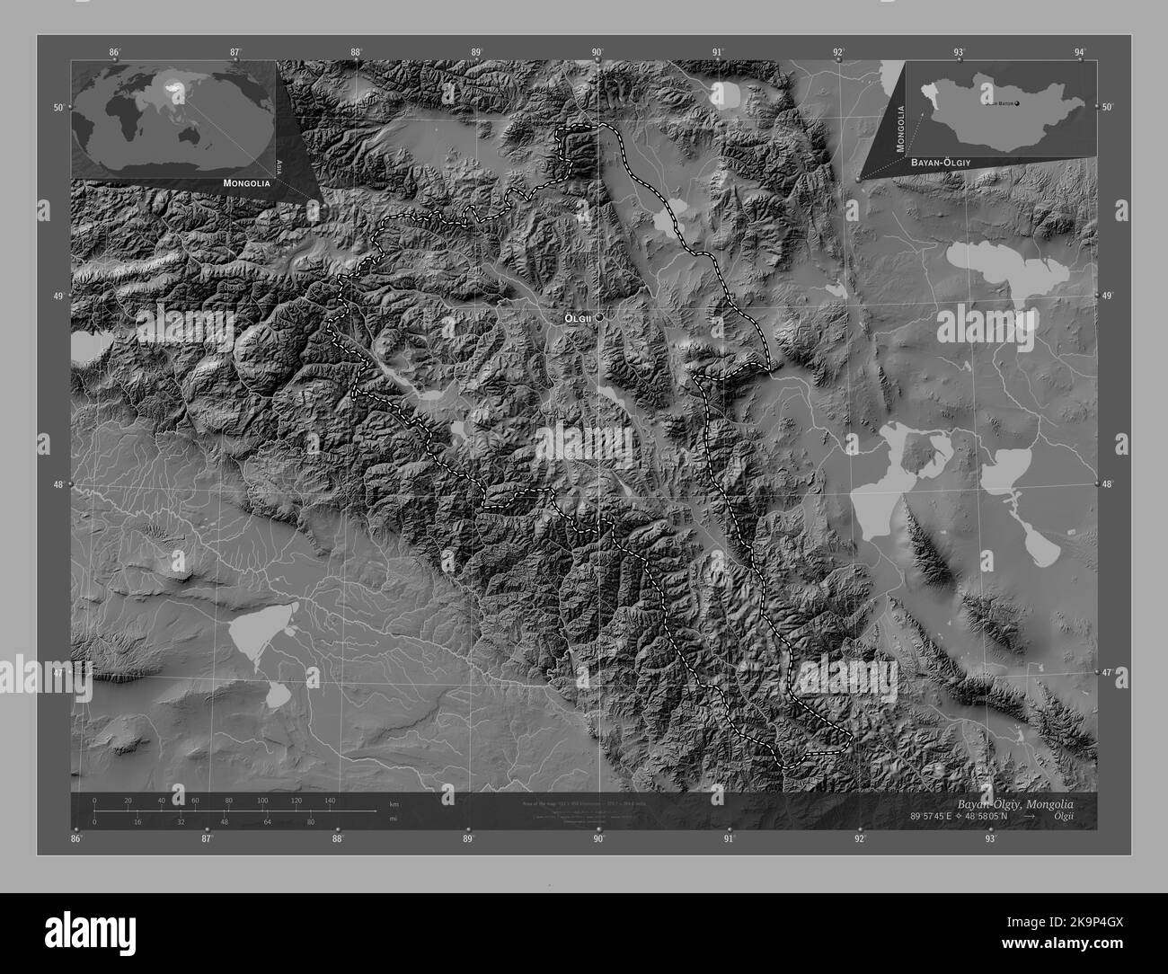 Bayan-Olgiy, province de Mongolie. Carte d'altitude à deux niveaux avec ...