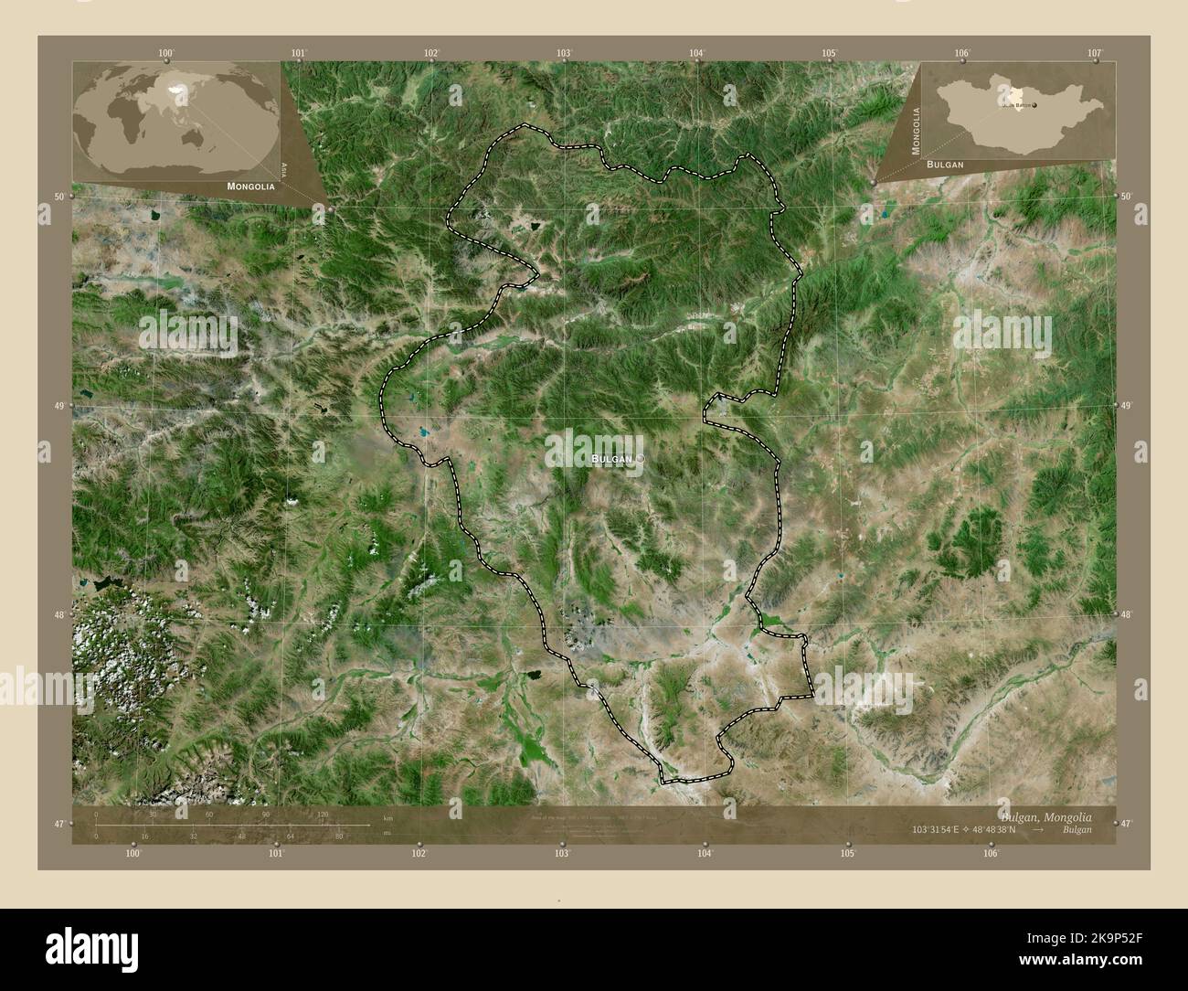 Bulgan, province de Mongolie. Carte satellite haute résolution. Lieux ...