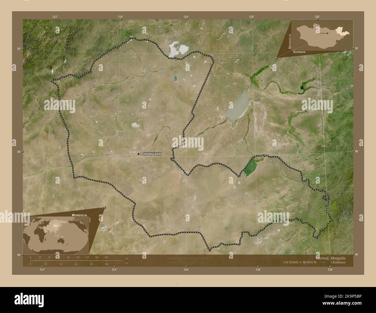 Dornod, province de Mongolie. Carte satellite basse résolution. Lieux ...