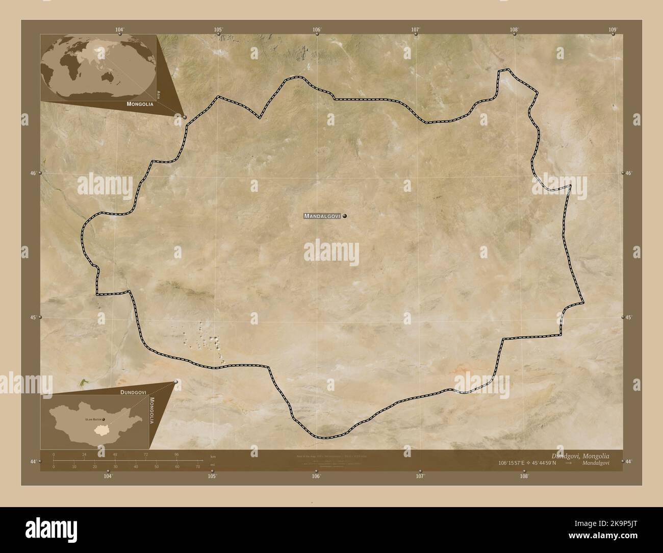 Dundgovi, province de Mongolie. Carte satellite basse résolution. Lieux ...