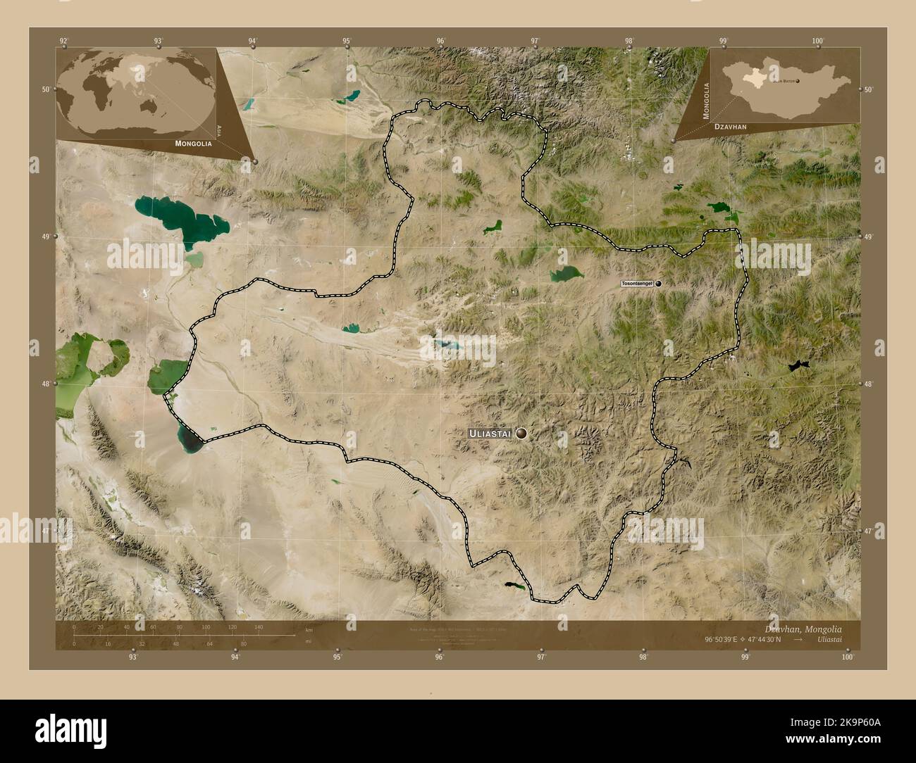 Dzavhan, province de Mongolie. Carte satellite basse résolution. Lieux ...