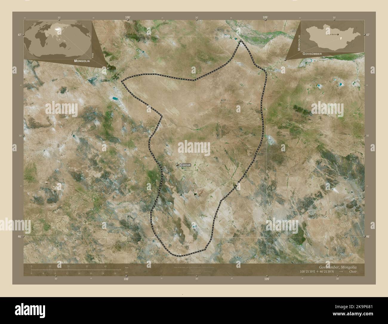 Govisumber, municipalité de Mongolie. Carte satellite haute résolution ...