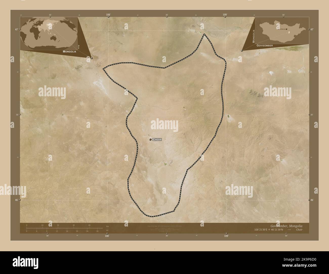 Govisumber, municipalité de Mongolie. Carte satellite basse résolution ...