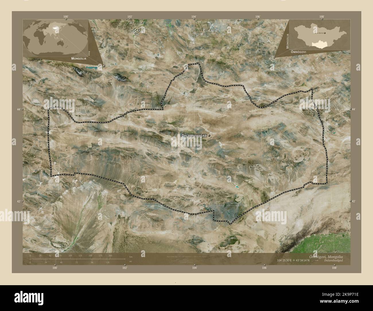 Omnogovi, province de Mongolie. Carte satellite haute résolution. Lieux ...