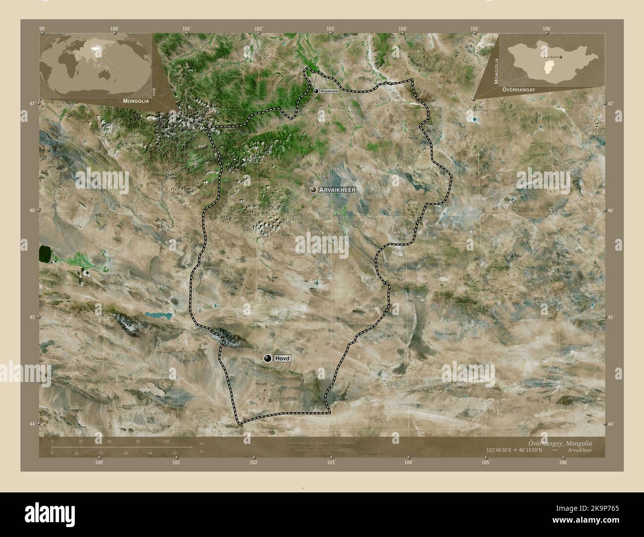 Ovorhangay, province de Mongolie. Carte satellite haute résolution ...