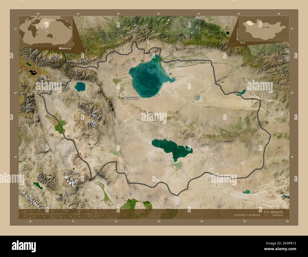 Uvs, province de Mongolie. Carte satellite basse résolution. Lieux et ...