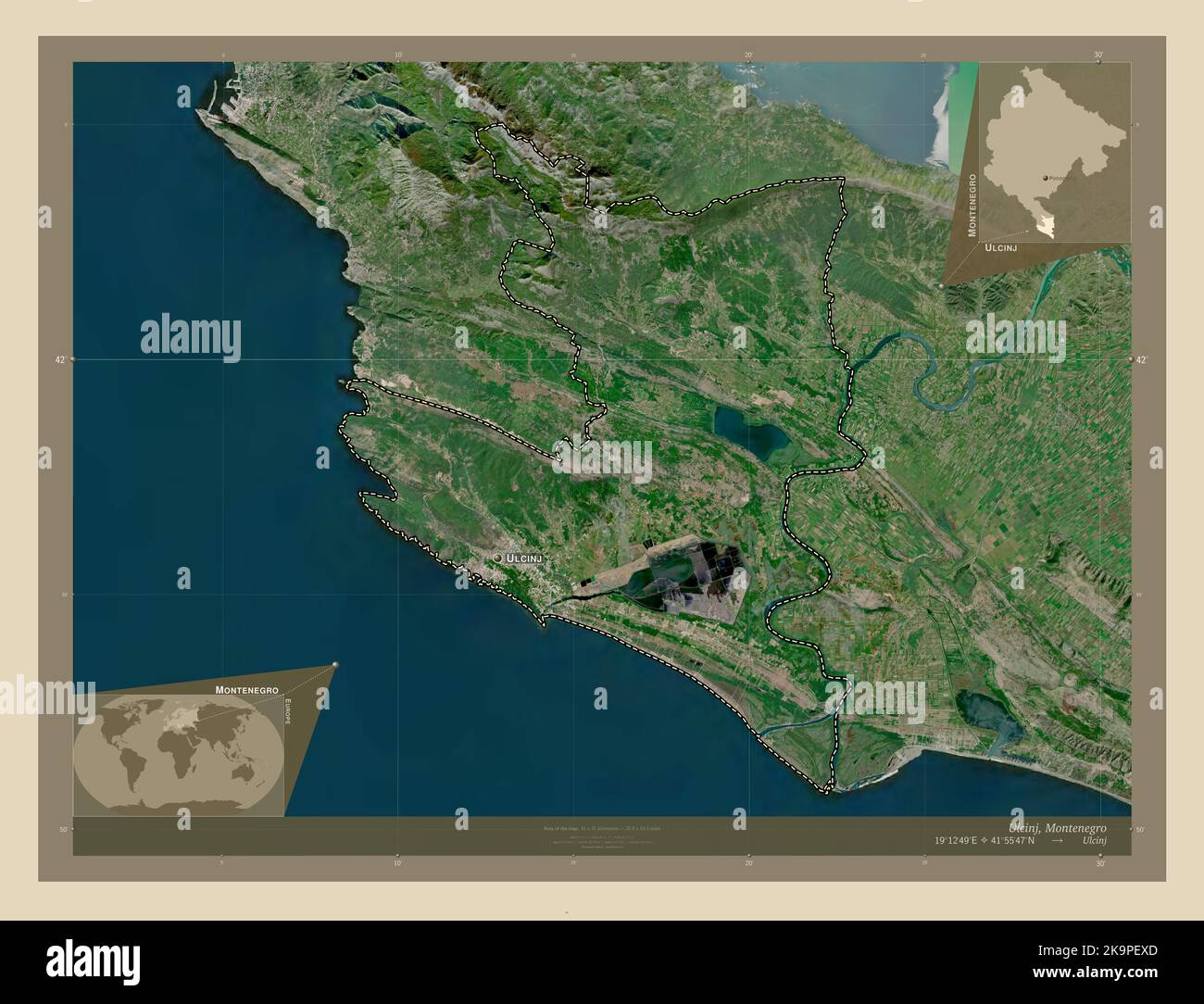 Ulcinj, municipalité du Monténégro. Carte satellite haute résolution ...
