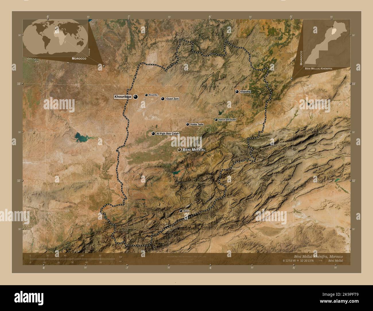 Beni Mellal-Khenifra, région du Maroc. Carte satellite basse résolution ...