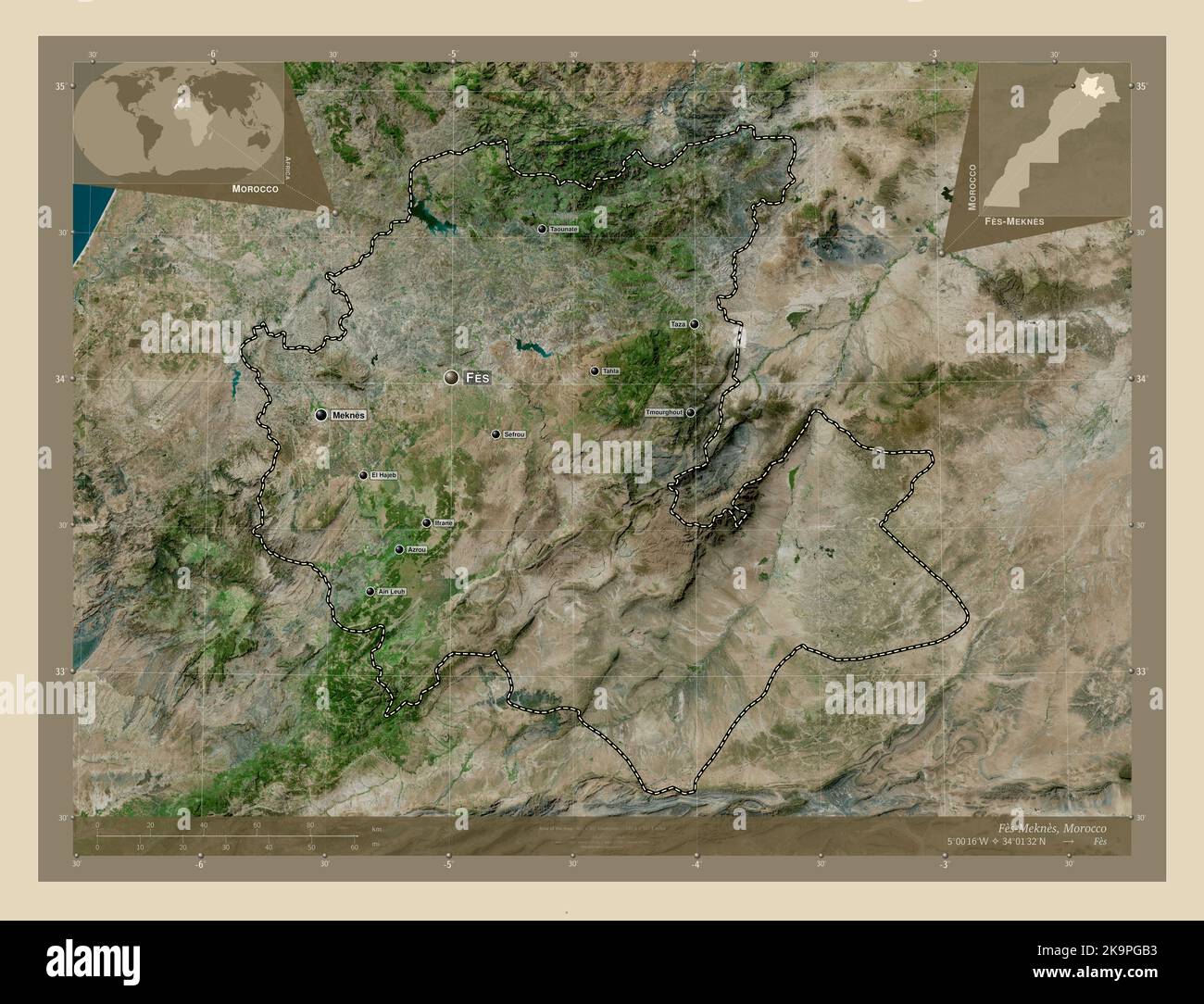 FES-Meknes, région du Maroc. Carte satellite haute résolution. Lieux et ...