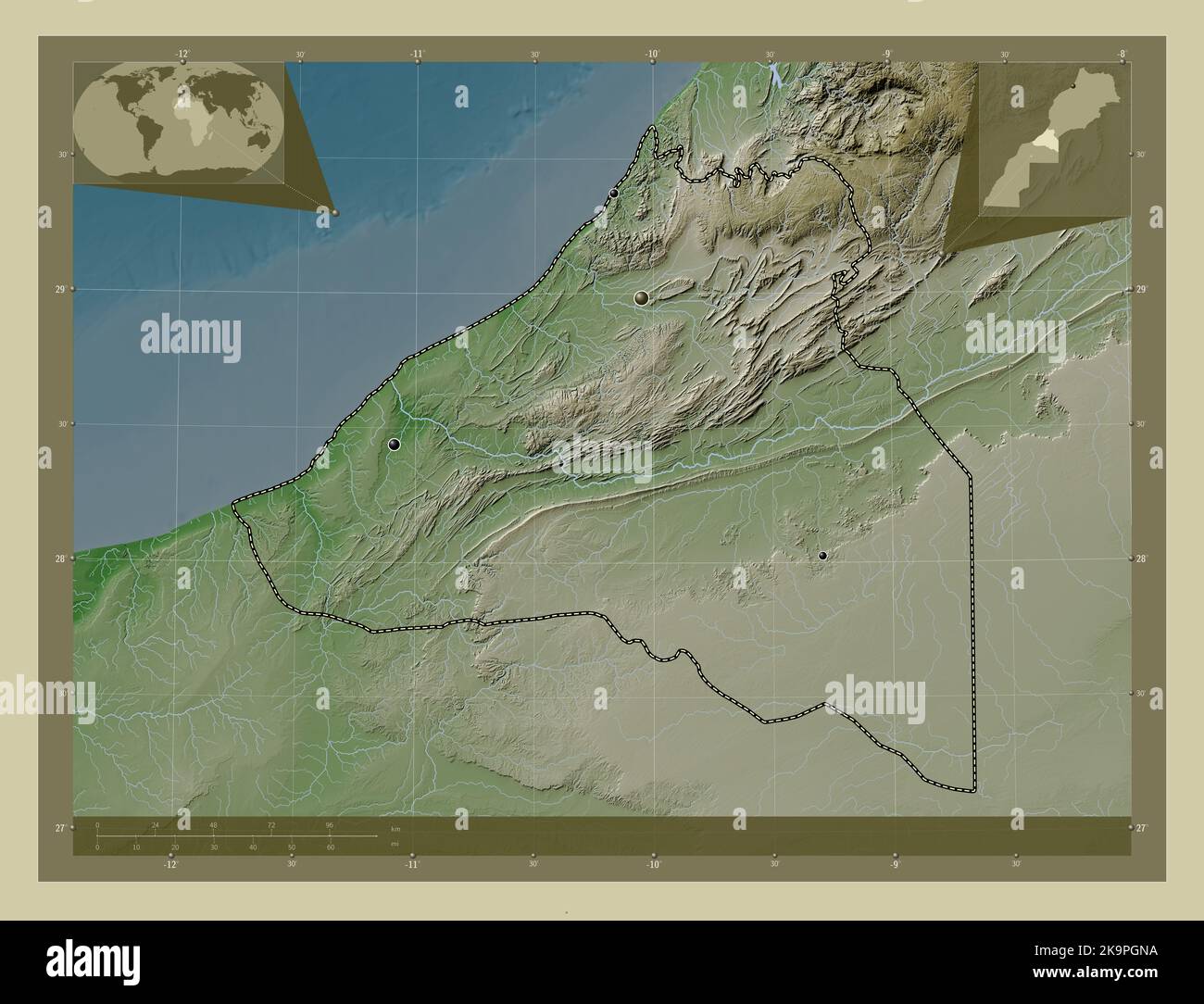 Guelmim-Oued noun, région du Maroc. Carte d'altitude colorée en style ...