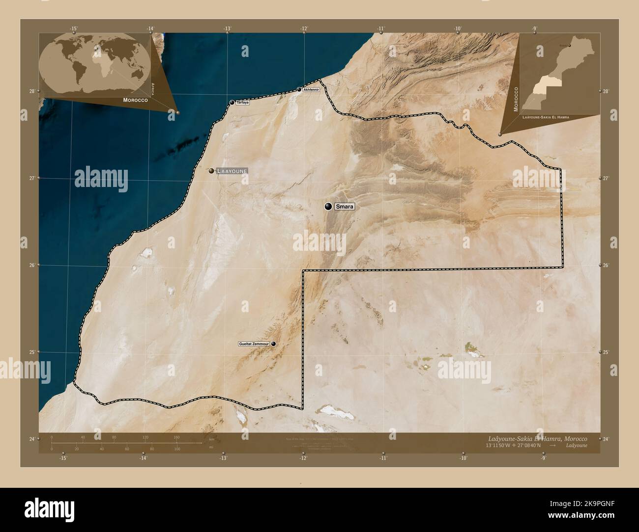 Laayoune-Sakia El Hamra, région du Maroc. Carte satellite basse ...
