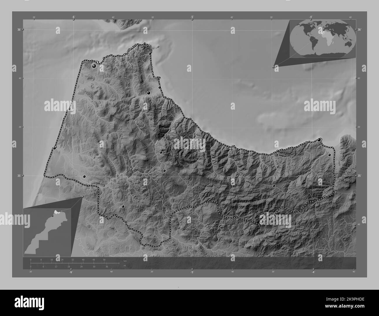 Tanger-Tétouan-Al Hoceima, région du Maroc. Carte d'altitude en niveaux ...
