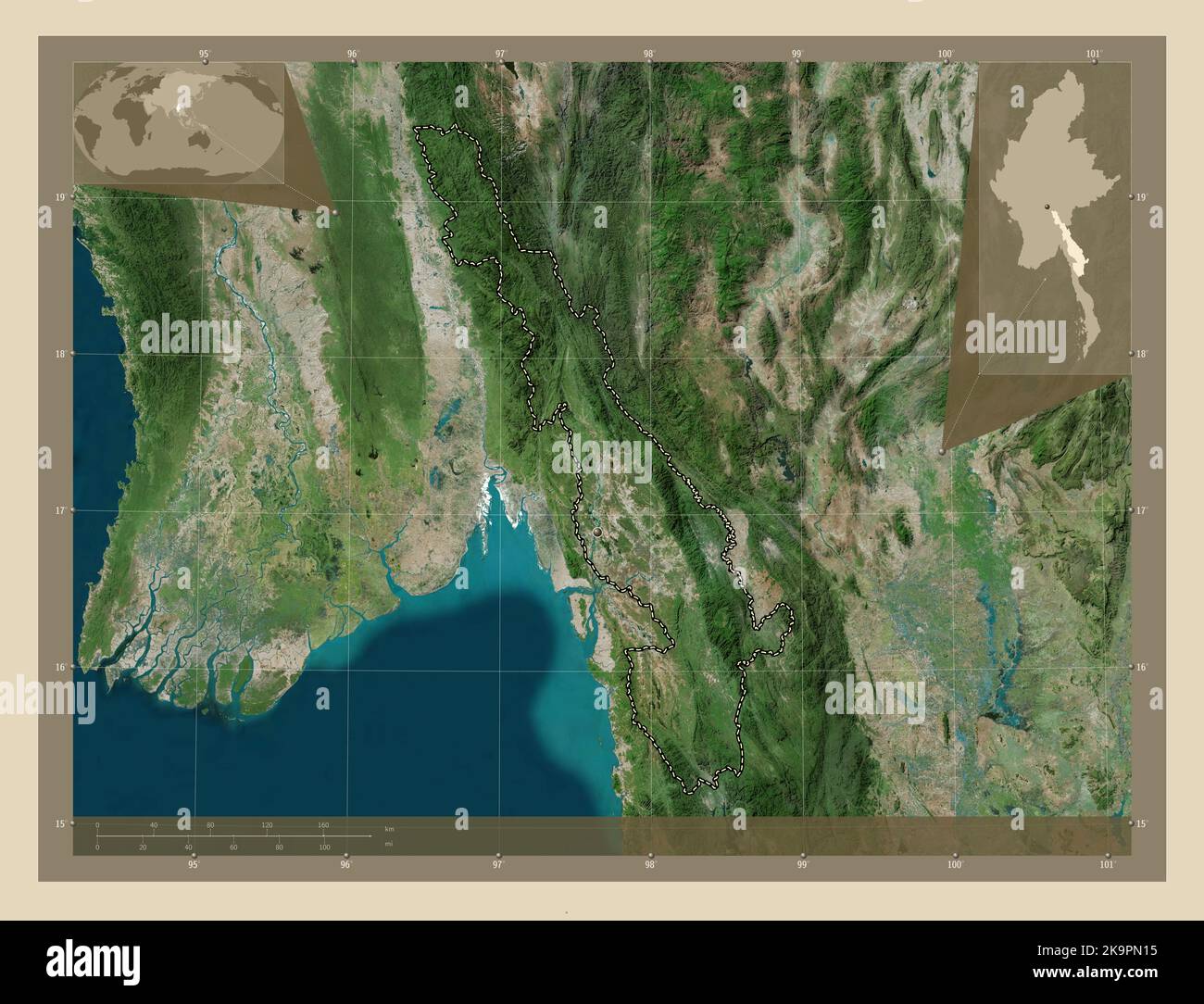 Kayin, État du Myanmar. Carte satellite haute résolution. Cartes d ...