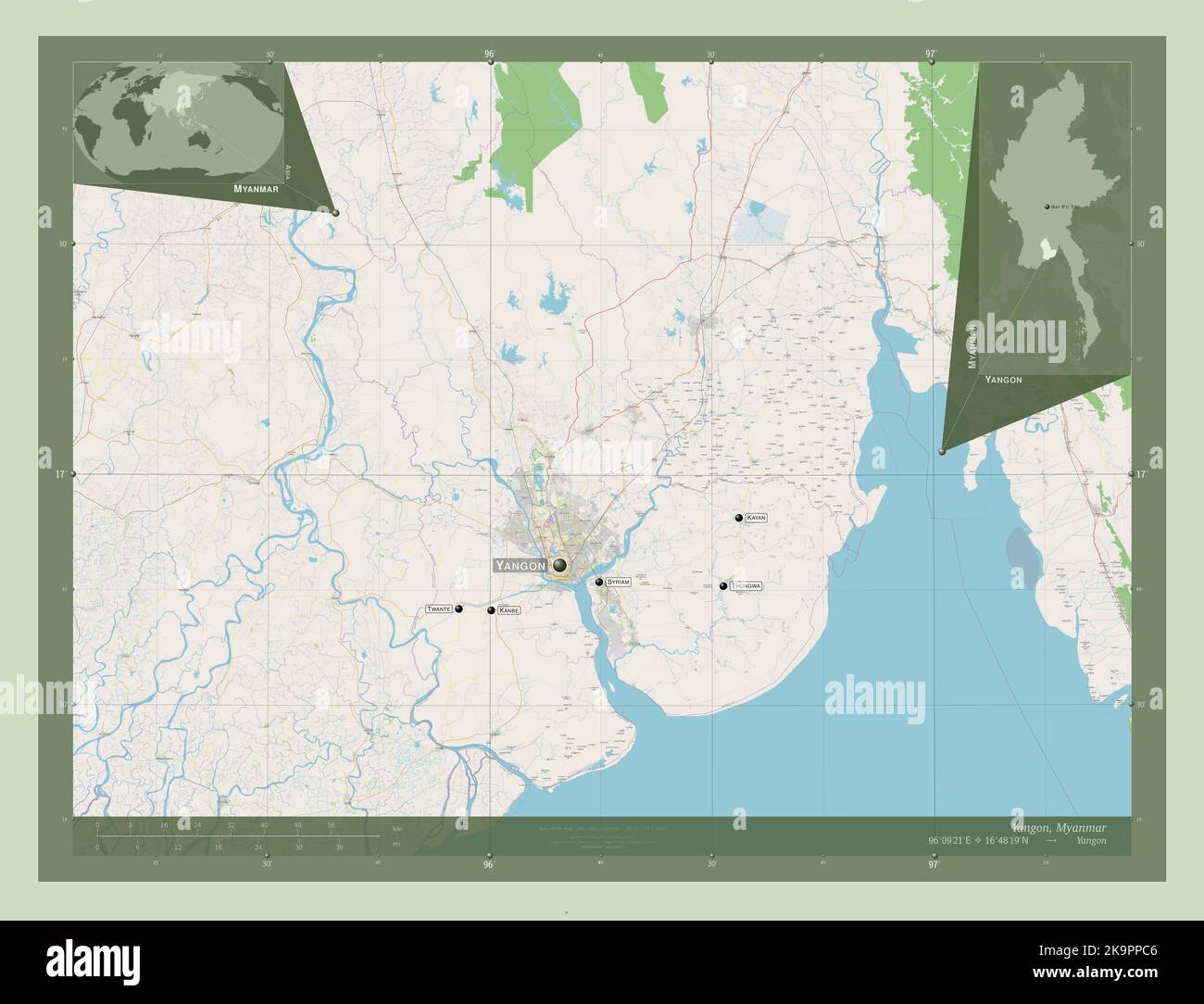 Yangon, division du Myanmar. Ouvrez la carte des rues. Lieux et noms ...