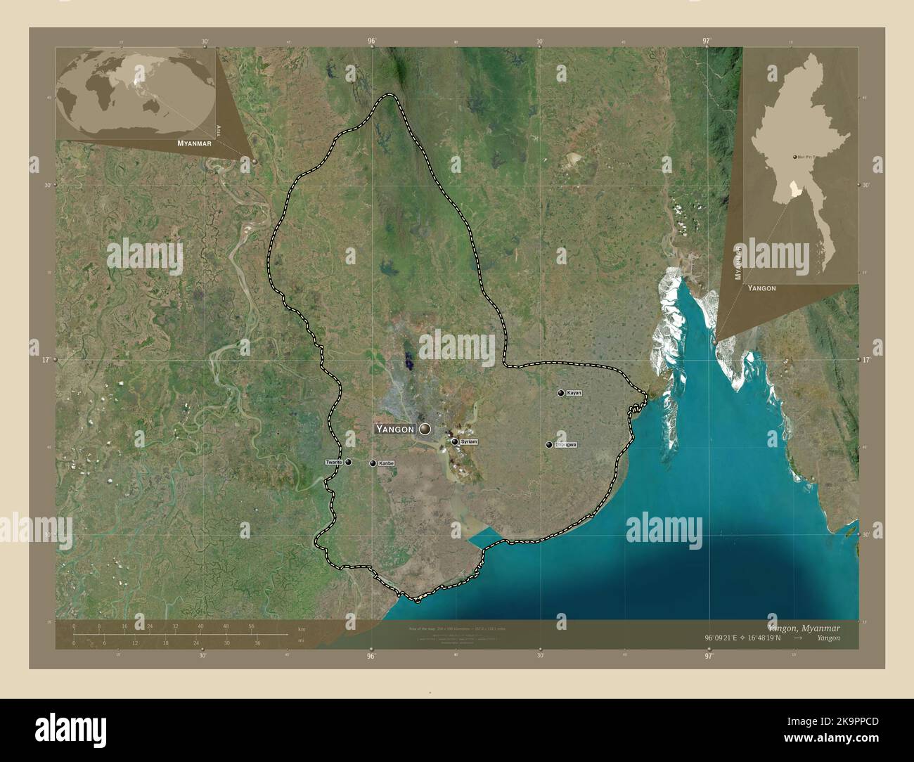 Yangon, division du Myanmar. Carte satellite haute résolution. Lieux et ...
